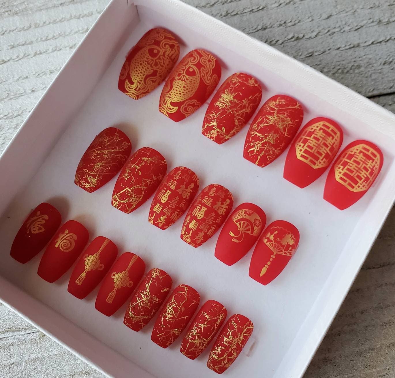 Festive Red Press on Nails - Gold Chinese Nail Art Designs - Etsy