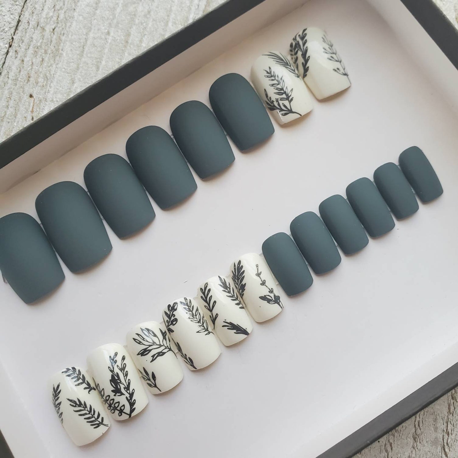 Dark Gray Press on Nails With Gray Leaves. Fake Nails False - Etsy