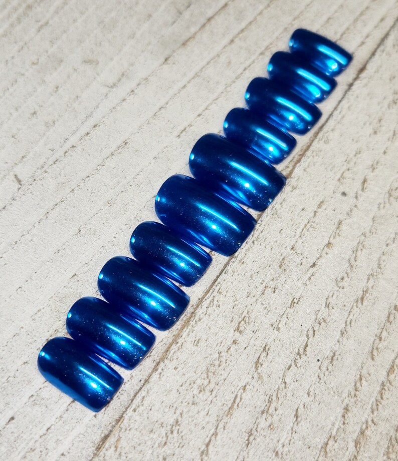 Blue Mirror Chrome Press on Nails – Handmade Reusable Metallic Square ...