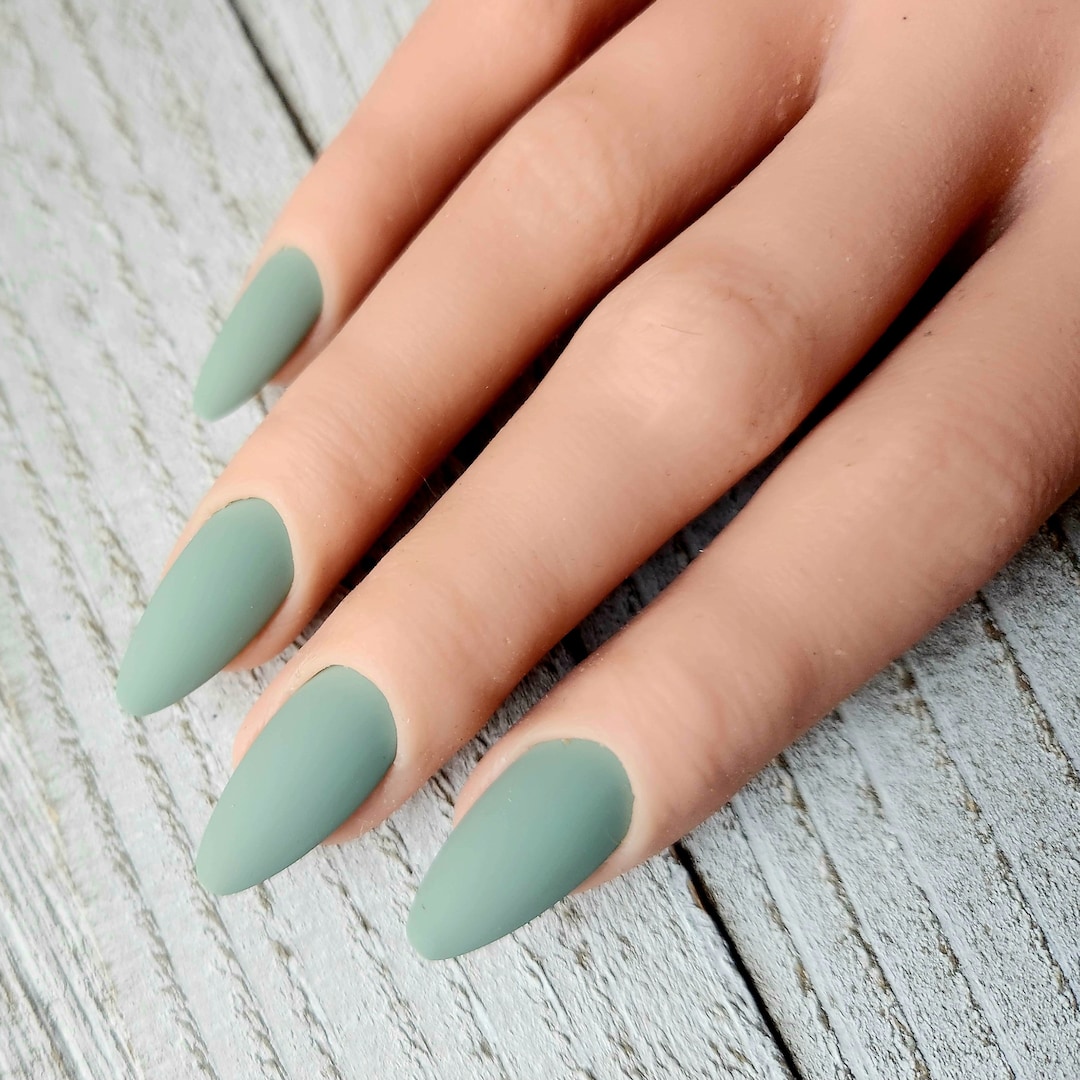 Full Set - Sage Green Press on Nails. Handmade Reusable Fake Nails ...