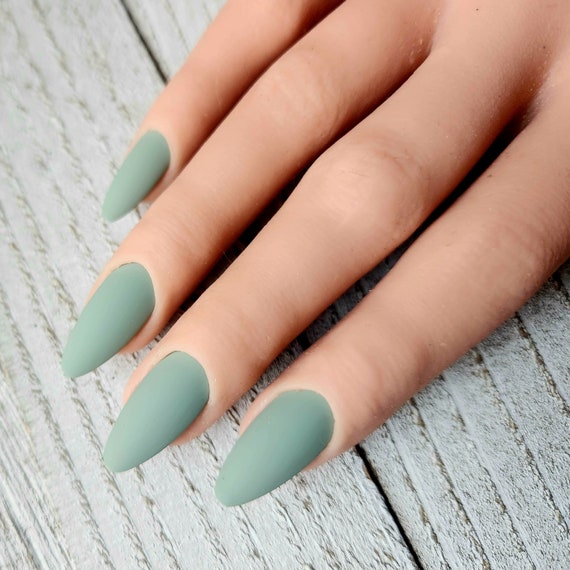 Full Set Sage Green Press on Nails. Handmade Reusable Fake Nails Faux Nails False Nails. Pastel Green Dusty Green. Short Nails. Etsy