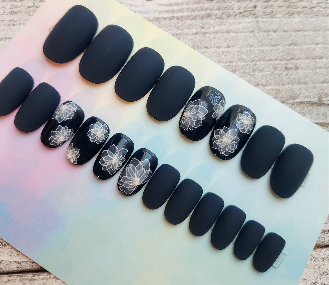 Dark Teal Blue Press on Nails With Sheer White Floral Accent. Dark Blue ...