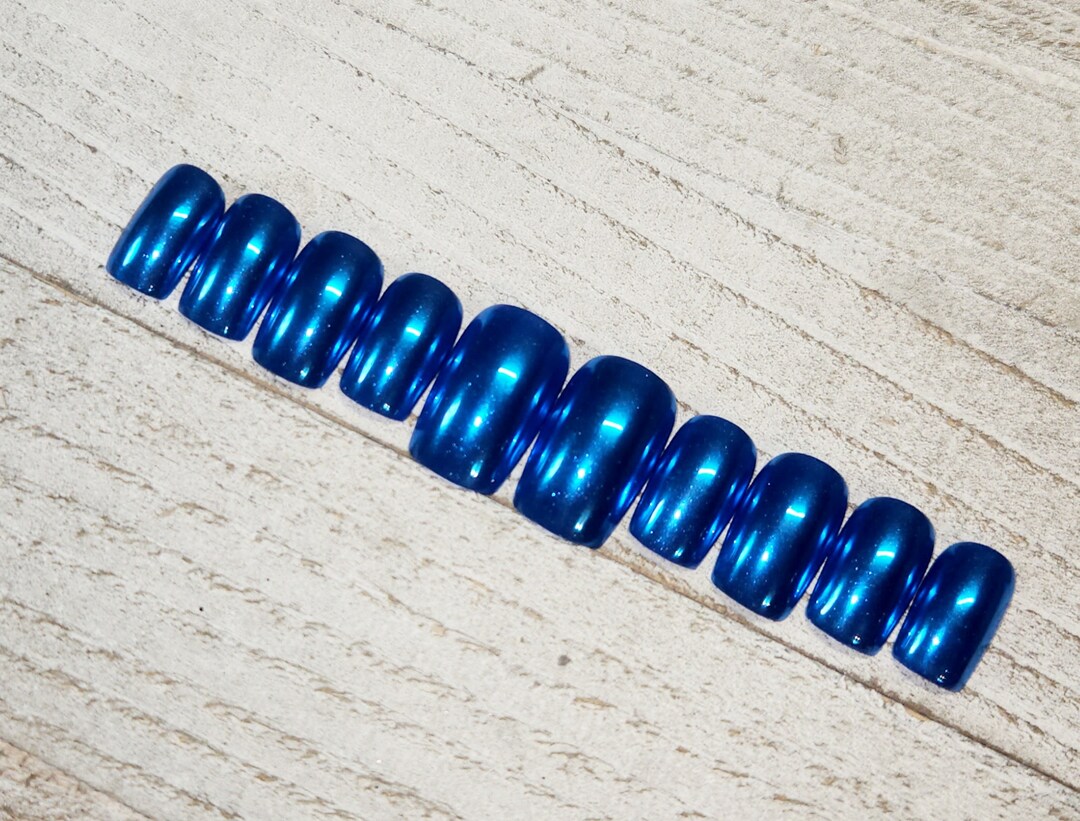Blue Mirror Chrome Press on Nails – Handmade Reusable Metallic Square ...