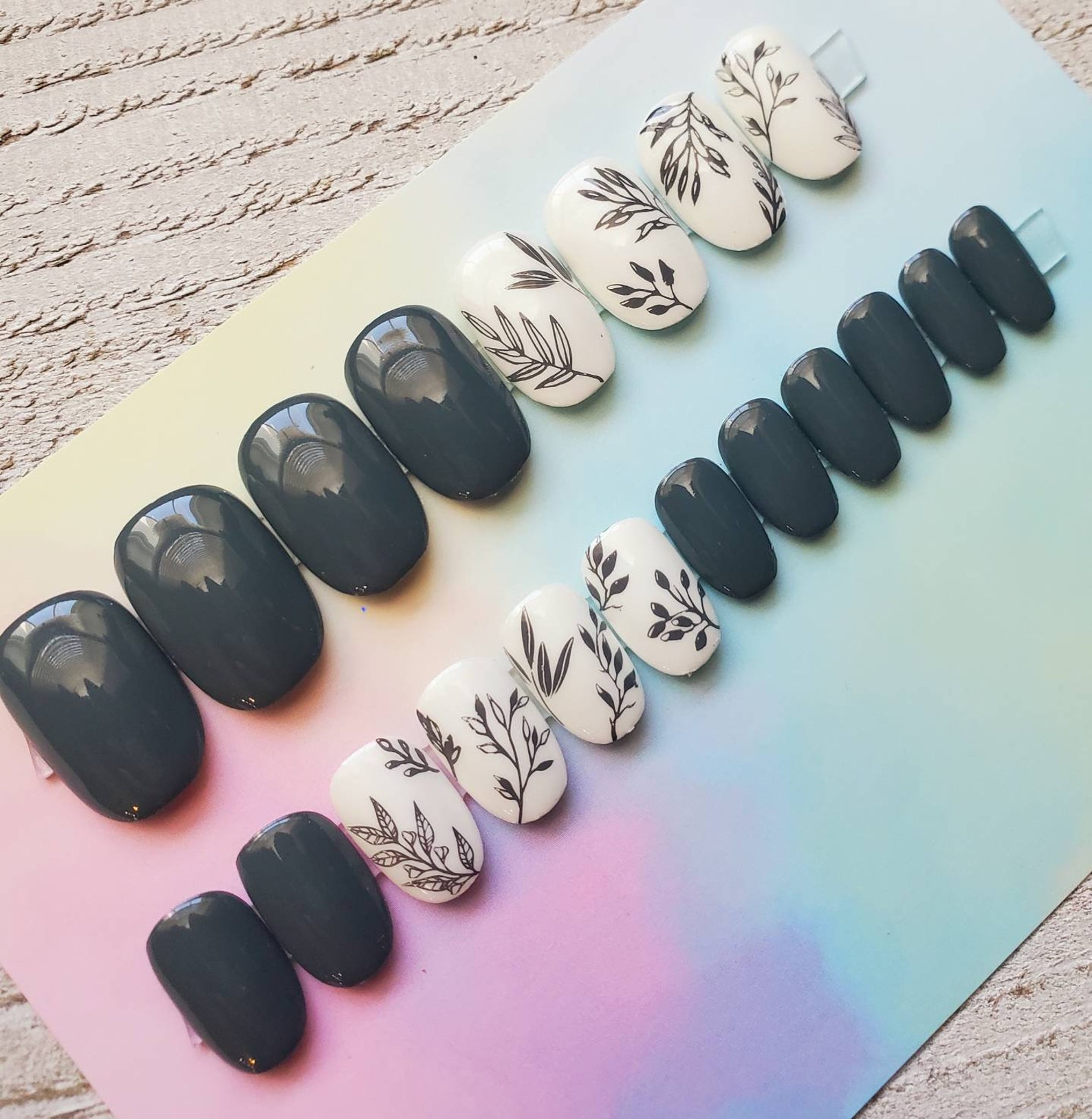 Dark Gray Press on Nails With Gray Leaves. Fake Nails False - Etsy