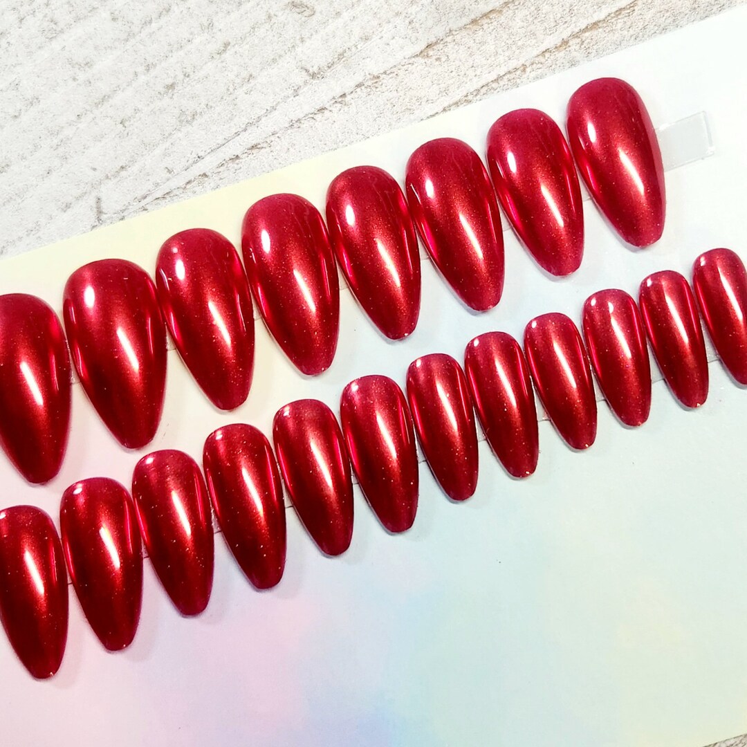 Full Set - Bright Red Chrome Fake Nails. Handmade Reusable Press Ons ...