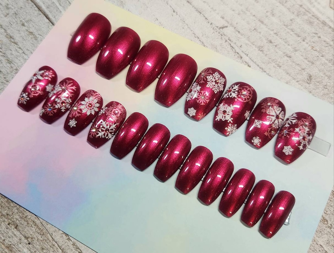 Full Set - Shimmer Ruby Red Nails With Snowflakes • Christmas Press Ons • Handmade Reusable Fake ...