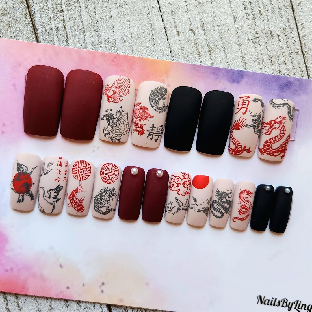 Chinese Painting Inspired Press on Nails. Fakefalsefaux Nails ...
