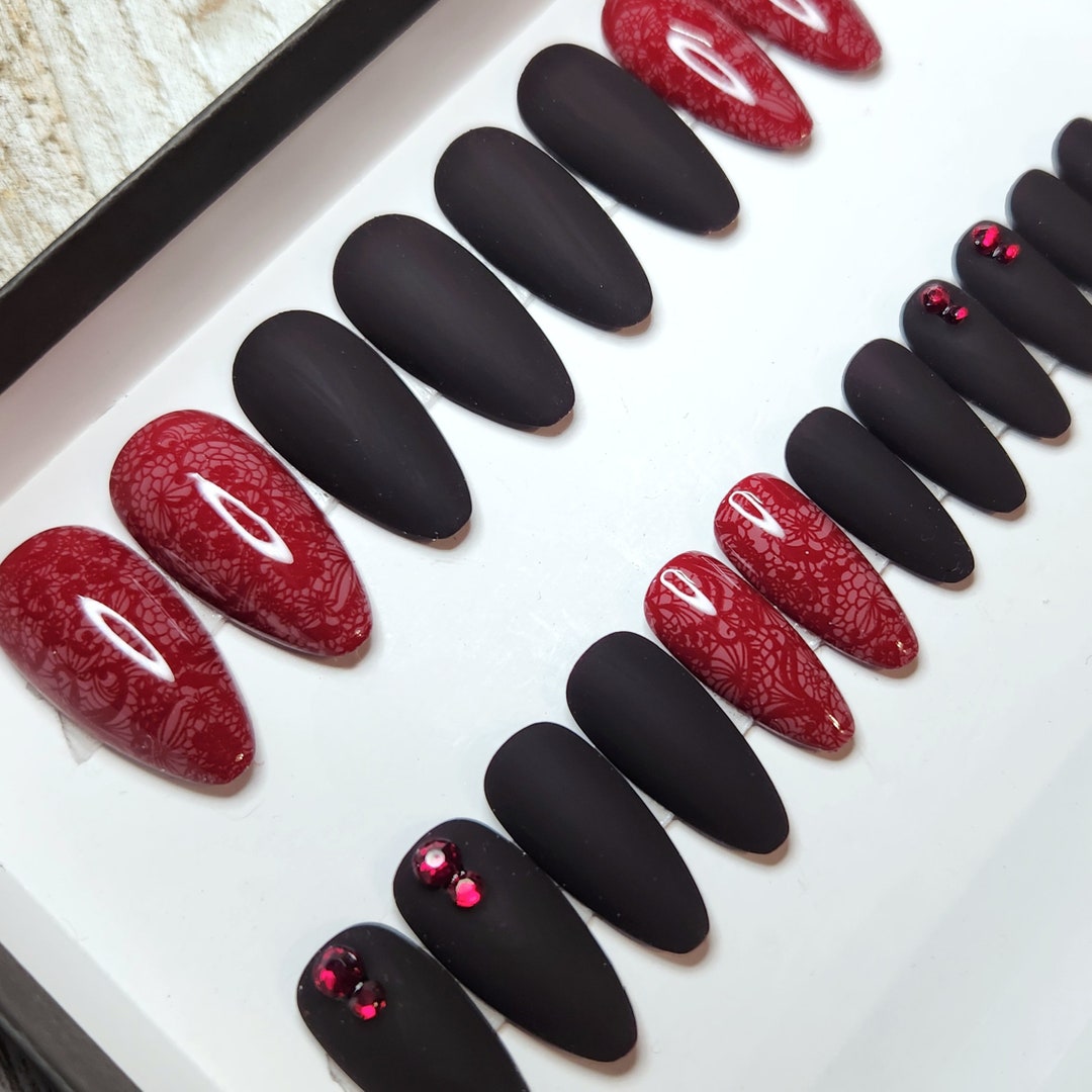 Full Set - Dark Red Lace Press on Nails • Handmade Reusable Fake Nails ...