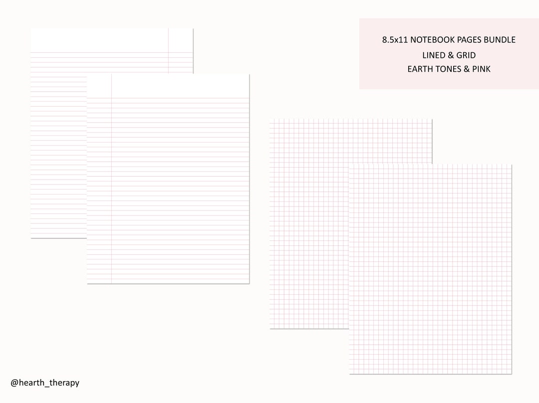 8.5x11 NOTEBOOK PAGES BUNDLE, Lined / Grid, Earth Tones / Pink ...