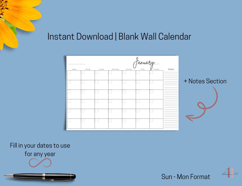 LARGE (max. 3ftx2ft) Blank Printable Calendar Download | Minimalist - Etsy