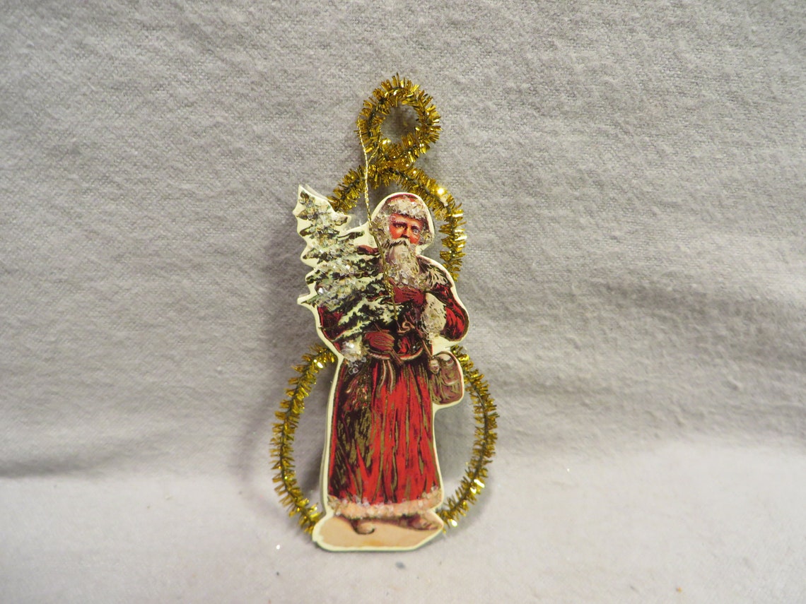 Gold Tinsel and Paper Cutout Santa Dresden Style Christmas Ornament ...