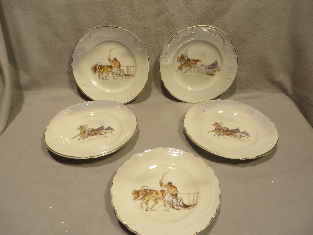 Vintage German China Child's Lusterware Winter Sleigh Motif Toy Plates ...