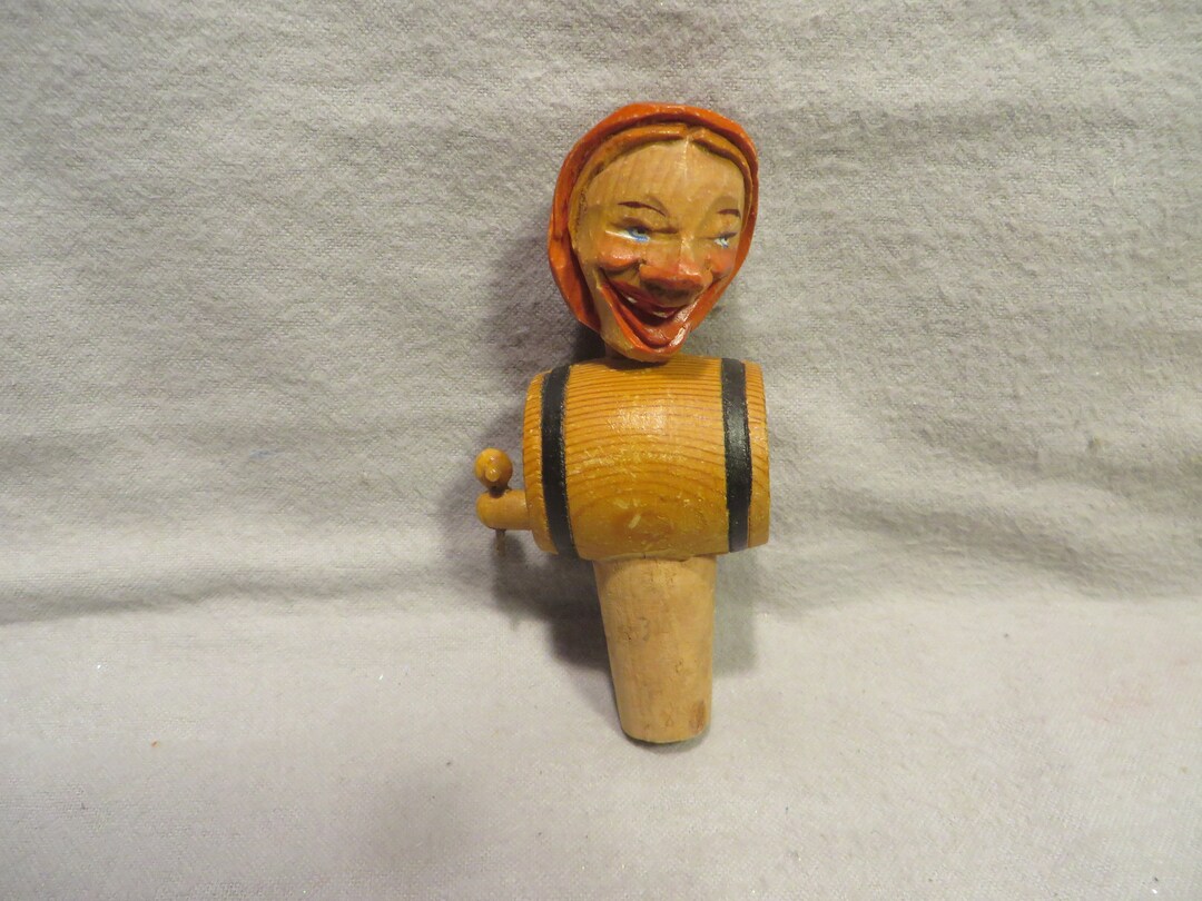 Vintage Anri Hand Carved Wood Figural Bottle Stopper - Wine Barrel With ...