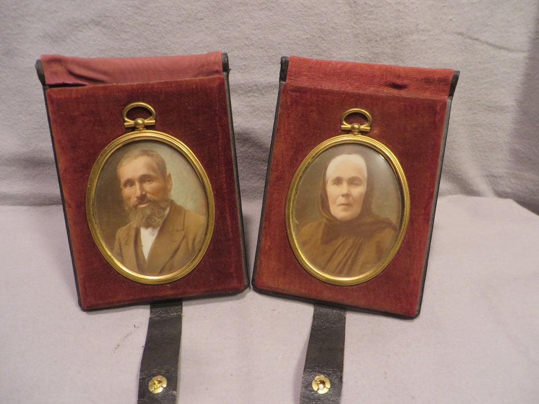 Antique Pair of Hand Painted Portraits Each in Their Own Fitted Cases ...