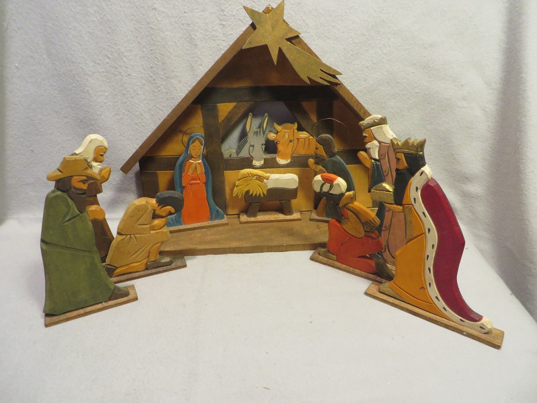 Vintage Alpine (swiss?) Hand Carved Flat Figure Wood Nativity Set - Etsy