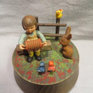 Vintage Anri Music Box - Girl Playing Squeeze Box With Rabbit and Birds ...