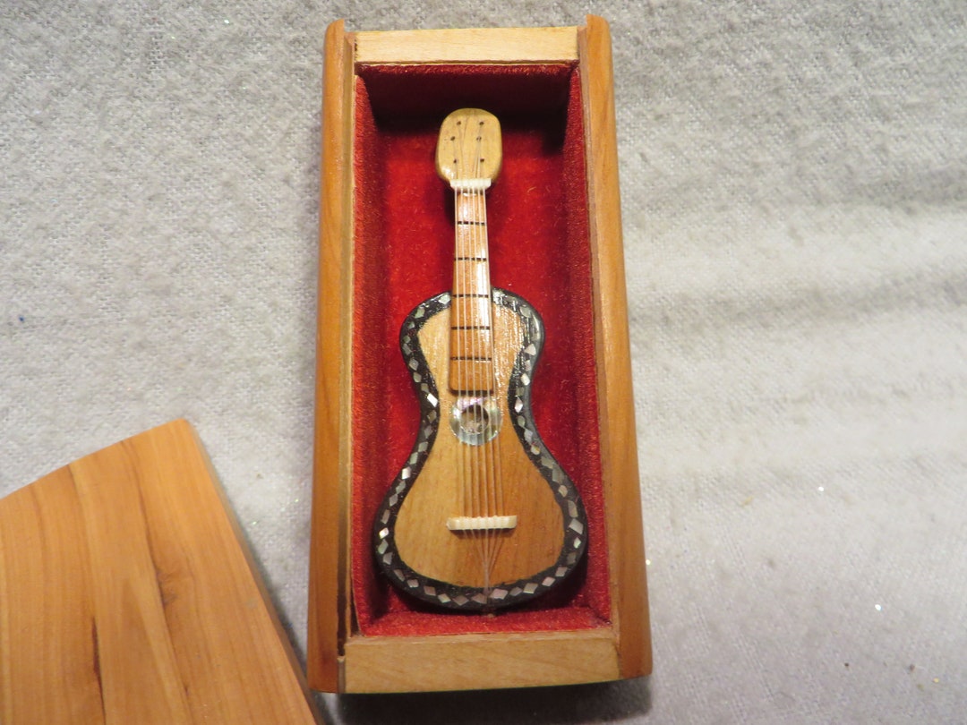 Vintage Miniature Mother of Pearl Inlaid Wooden Guitar in Its Original ...
