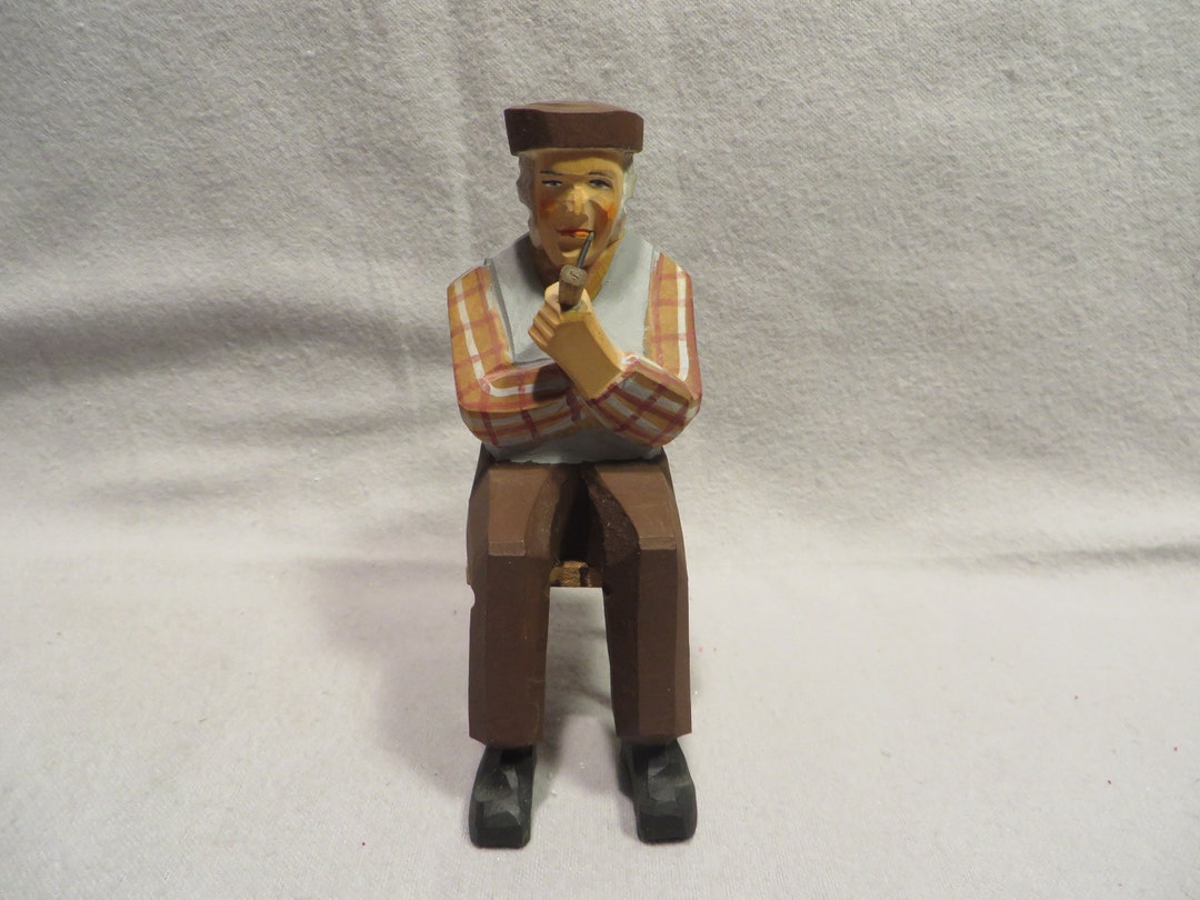 Vintage Swiss Huggler Wyss Carved Wood Man Sitting in Chair Smoking ...