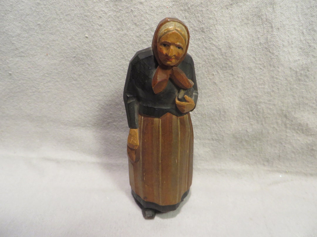 Vintage Swiss Huggler Wyss Carved Wood Figure - Peasant Woman Holding ...