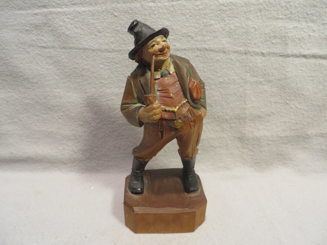 Vintage Alpine (anri?) Hand Carved 5 1/2" Tall Figure of a Man Smoking ...