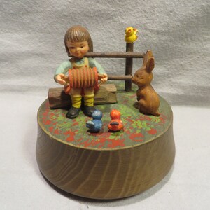 Vintage Anri Music Box - Girl Playing Squeeze Box With Rabbit and Birds ...