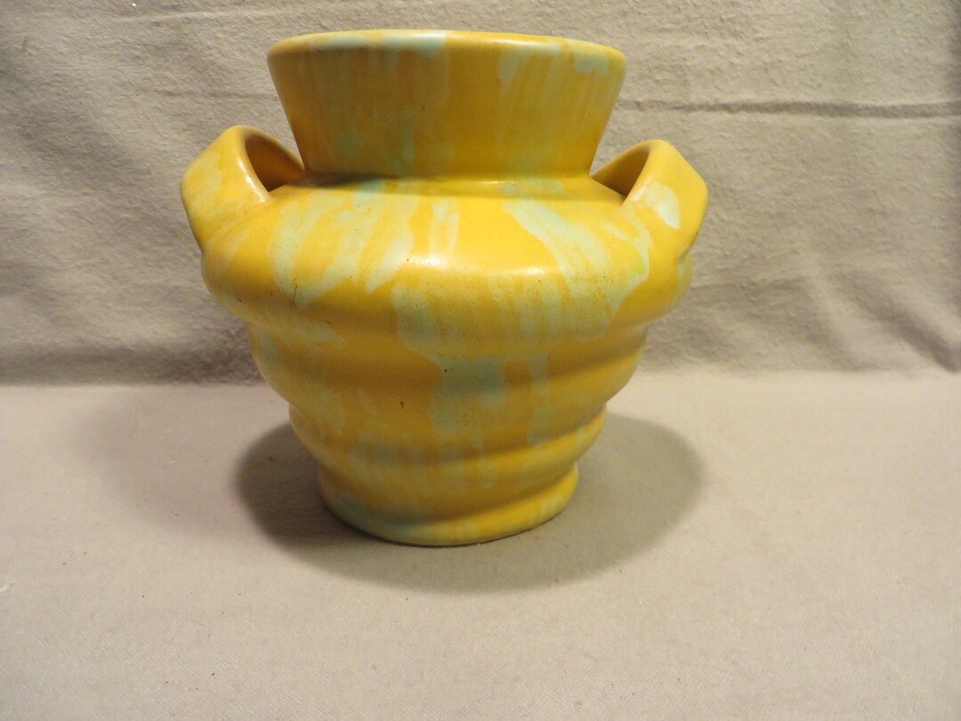Vintage Camark Art Pottery Art Deco Yellow With Aqua Drip Glazed Two ...