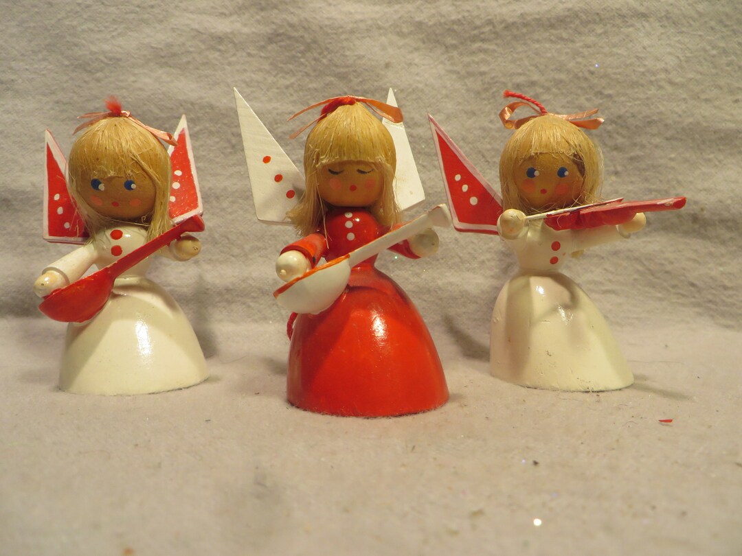 Vintage Set of Three Miniature Wooden Angels Playing Instruments - Two ...