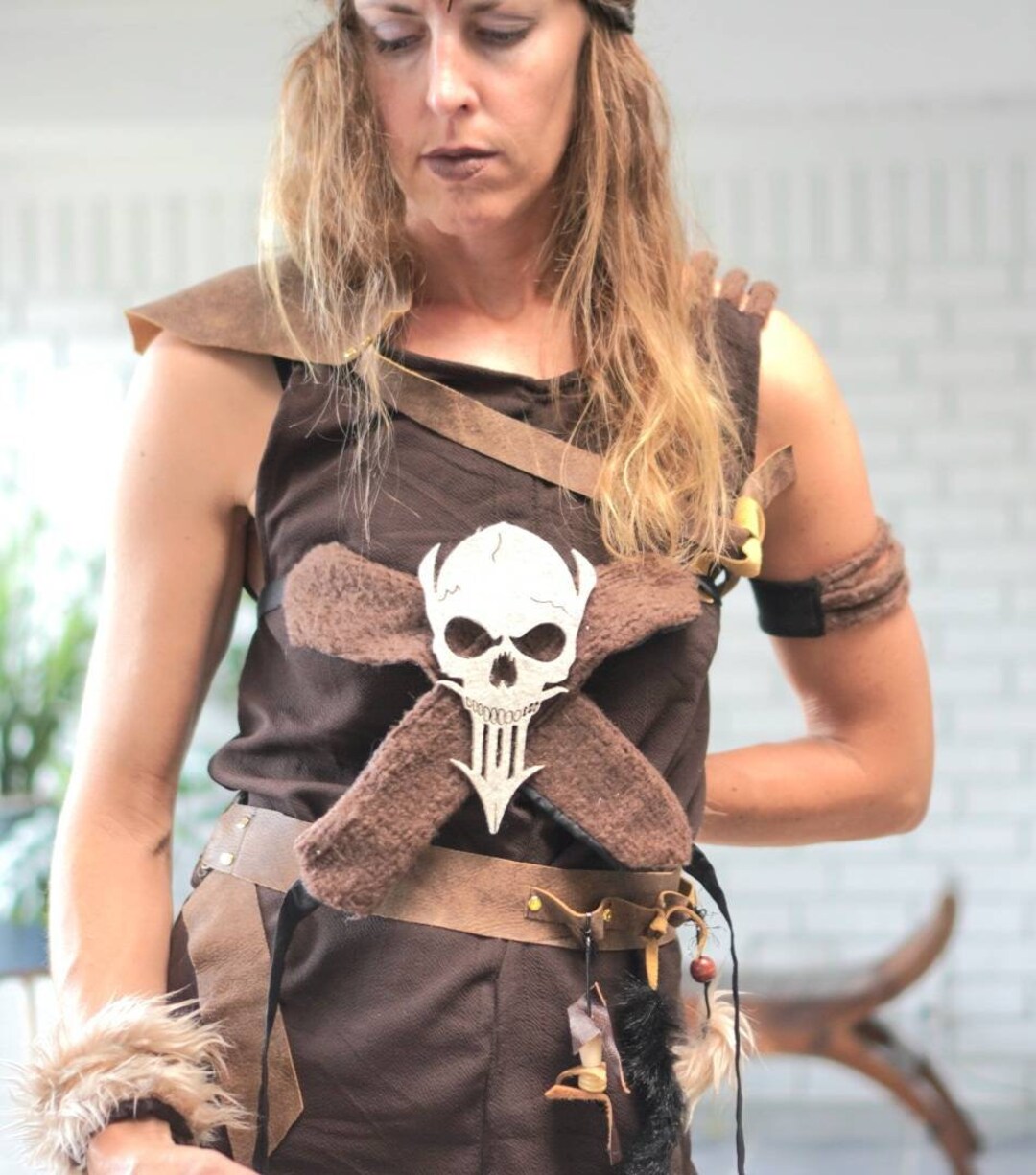 Viking Woman Costume: Brown Dress, Skull Chest Cross, Leather ...