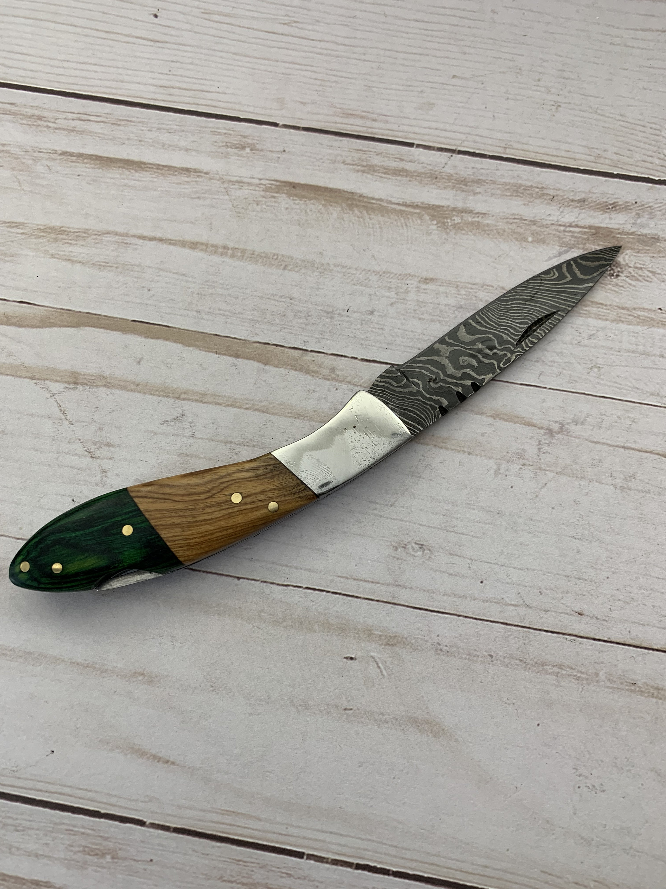 Handmade 7 5 Personal Folding Knife With Olive Wood And Green Pakka handmade-7-5-personal-folding-knife-with-olive-wood-and-green-pakka