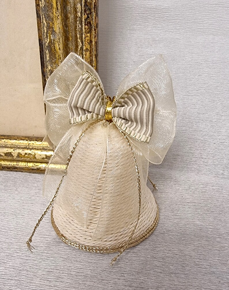 Handmade Christmas Bell Ornament, Off-white Cotton Rope & Gold Ribbon ...