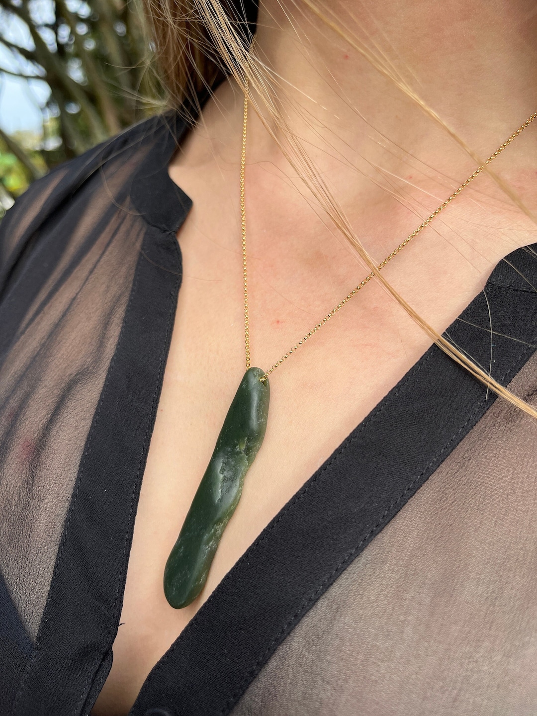 Solid Naturally Shaped New Zealand Greenstone Pounamu on a 14K Gold ...