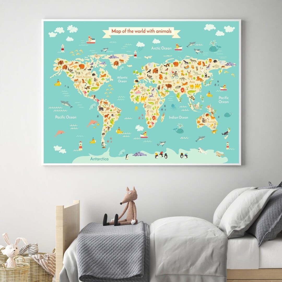 Animal World Map Poster, World Map Art, Animal Print, Animal Nursery ...