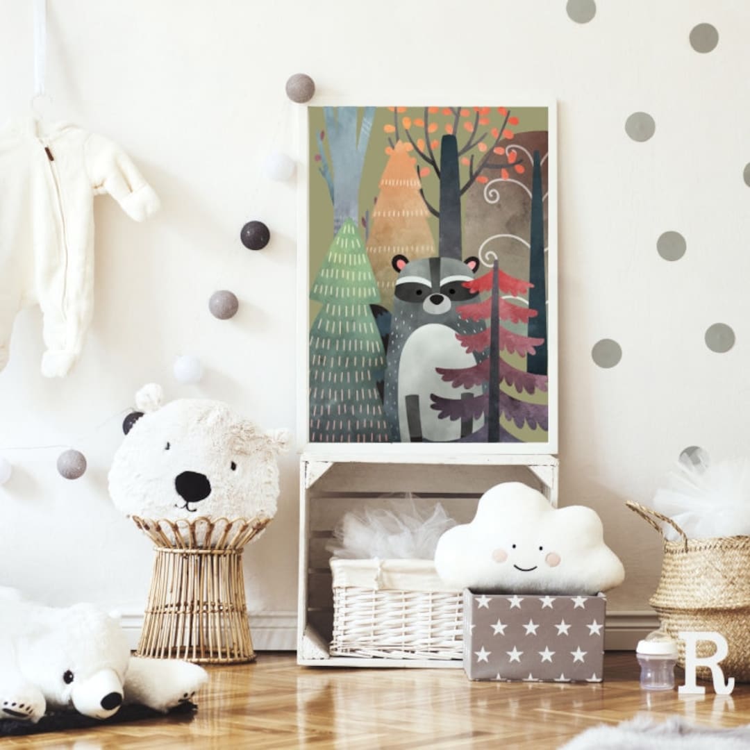 Forest Print Raccoon Forest Animals Print Animals Art Raccoon in Forest ...