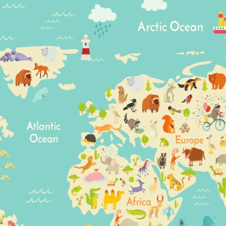 Animal World Map Poster, World Map Art, Animal Print, Animal Nursery ...