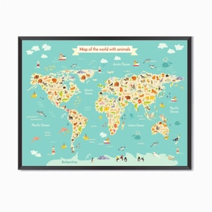 Animal World Map Poster, World Map Art, Animal Print, Animal Nursery ...