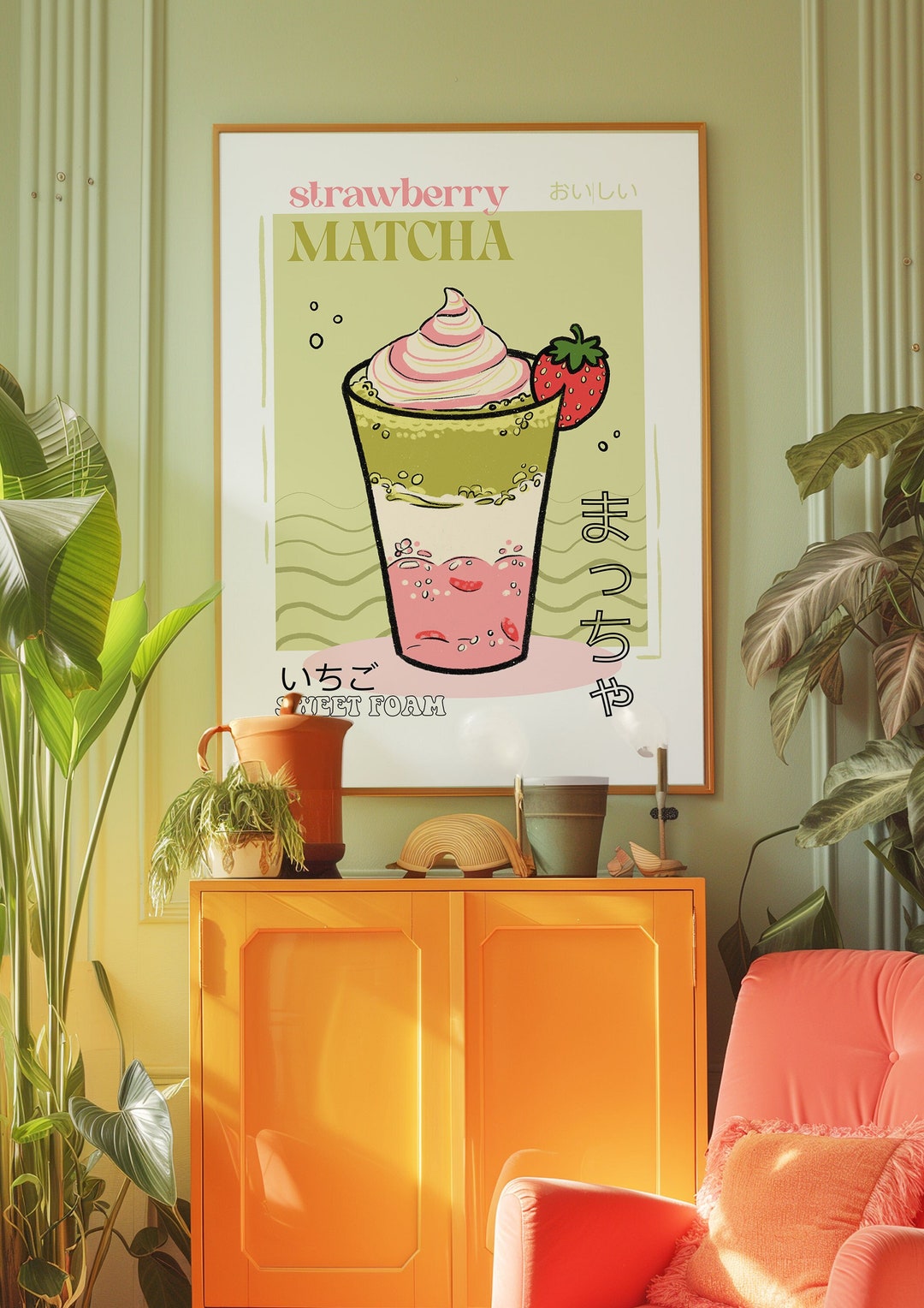 Strawberry Matcha Art Print Kawaii Print Strawberry Wall Art Japanese ...