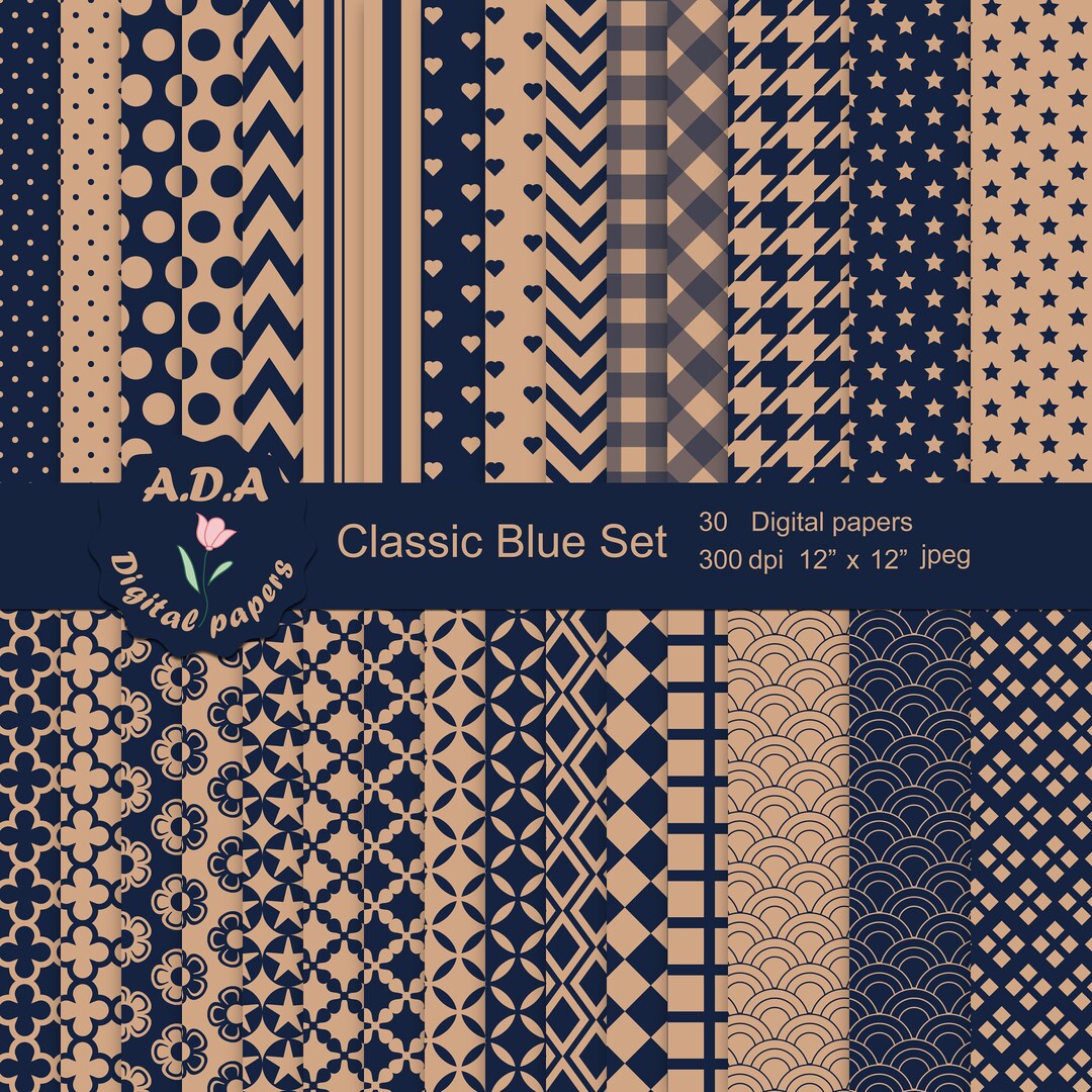 Blue and Beige Digital Paper Pack, Blue and Gold Scrapbooking Papers ...