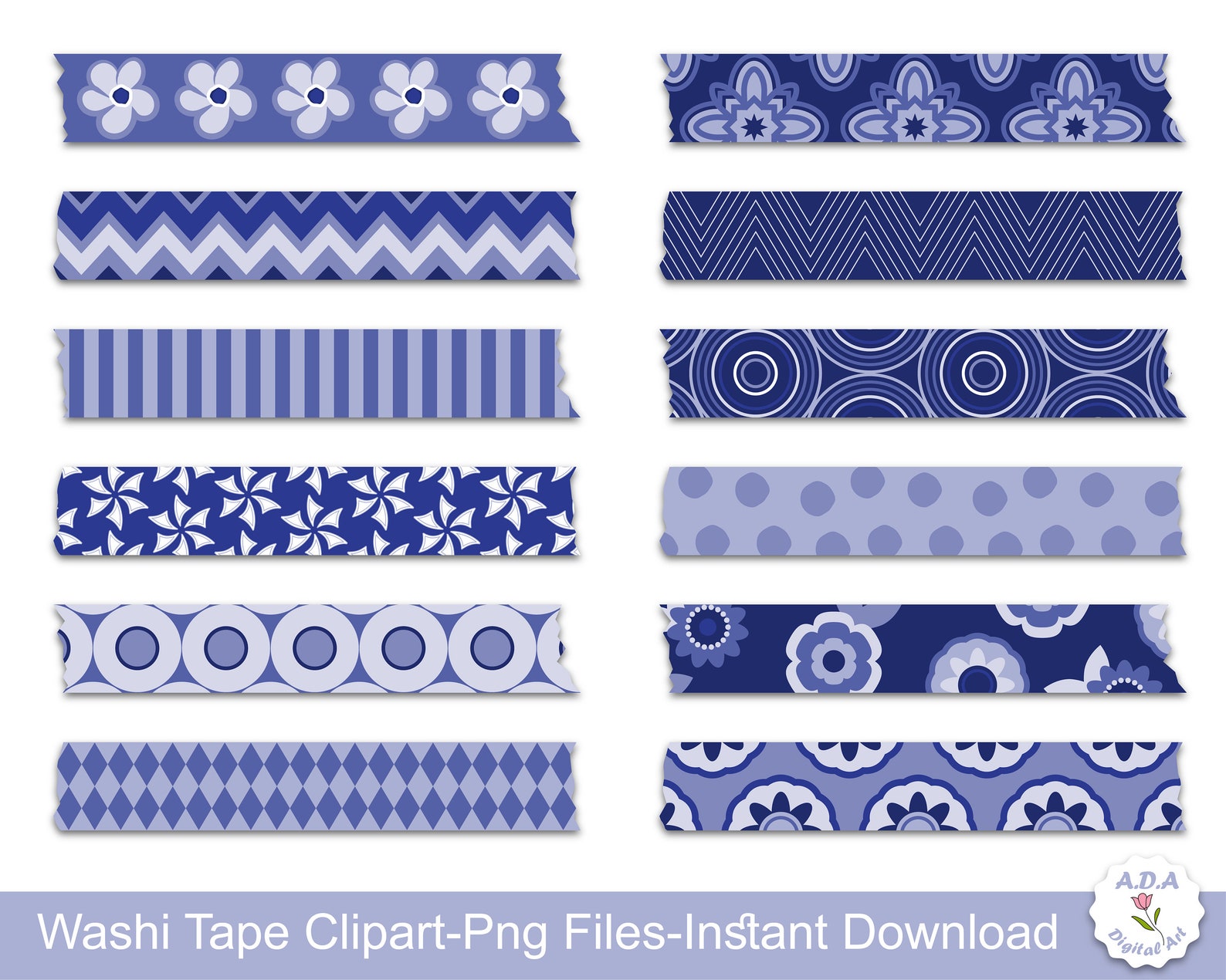 Digital Washi Tape Clipart, Blue Washi Tape Clip Art, Flowers, Dots ...