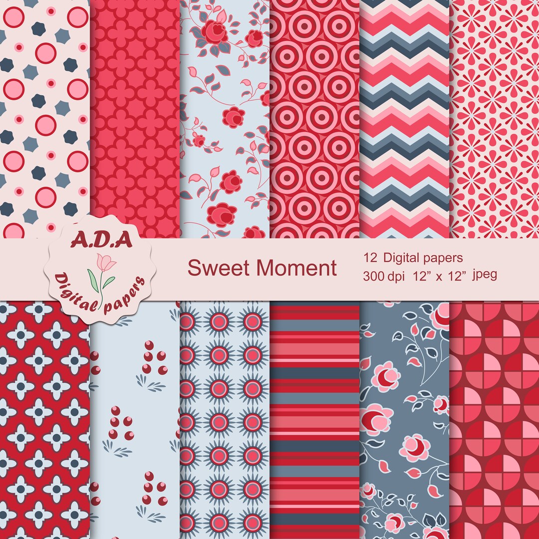 Red and Blue Digital Paper Pack, Scrapbooking Papers, Red and Blue ...