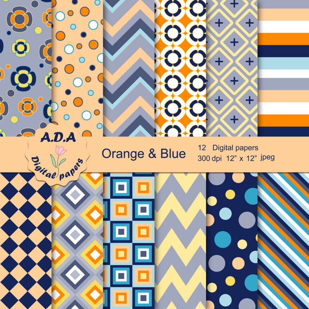 Orange and Blue Digital Paper Pack, 12"x12" Digital Paper Background ...