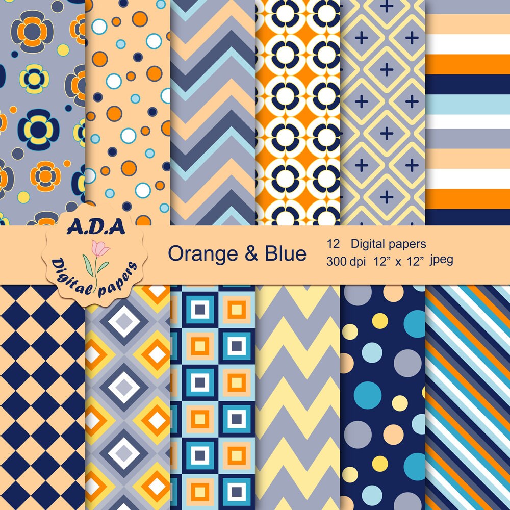 Orange and Blue Digital Paper Pack, 12"x12" Digital Paper Background ...