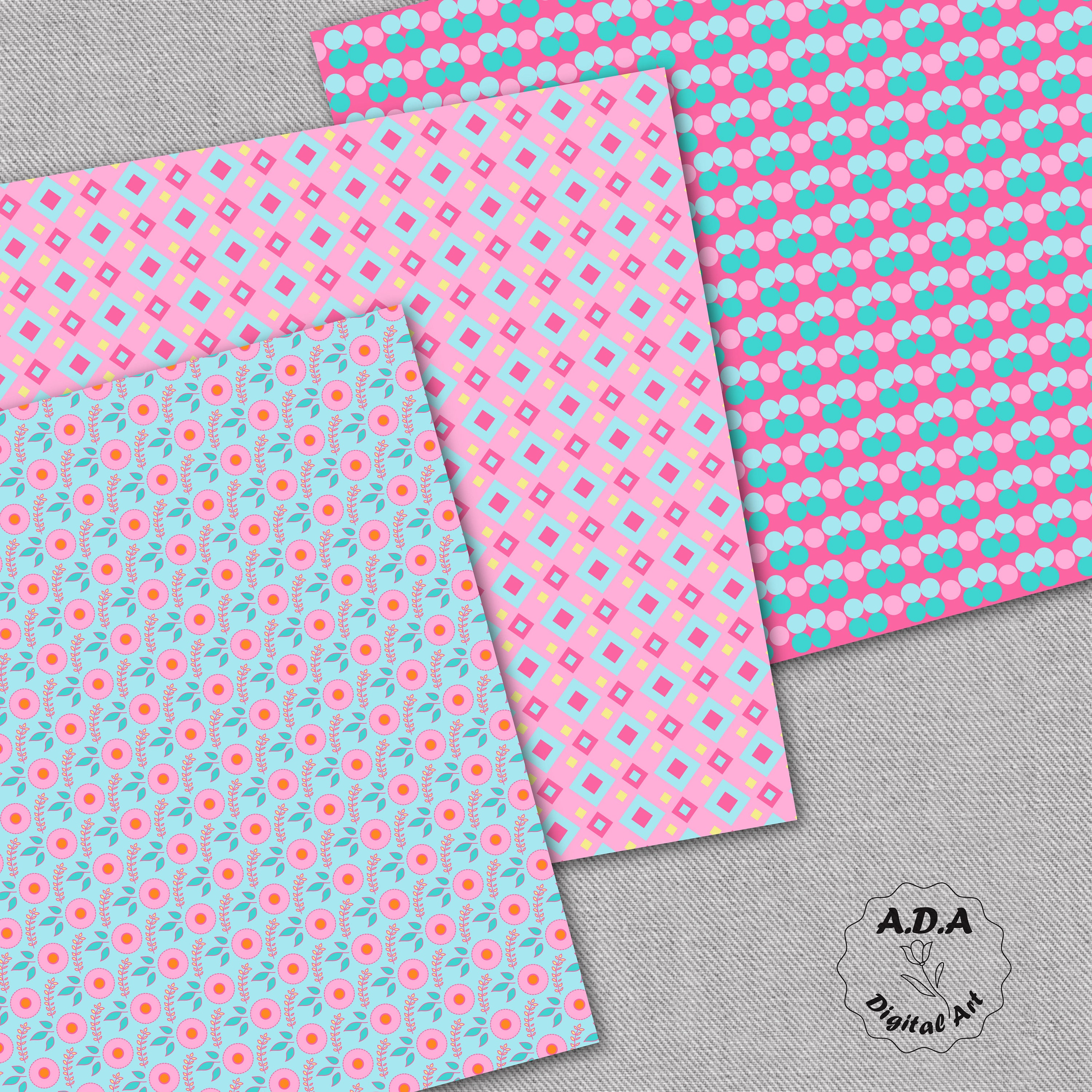 Pink and Light Blue Digital Paper Pack, Scrapbooking Papers, Pink and ...