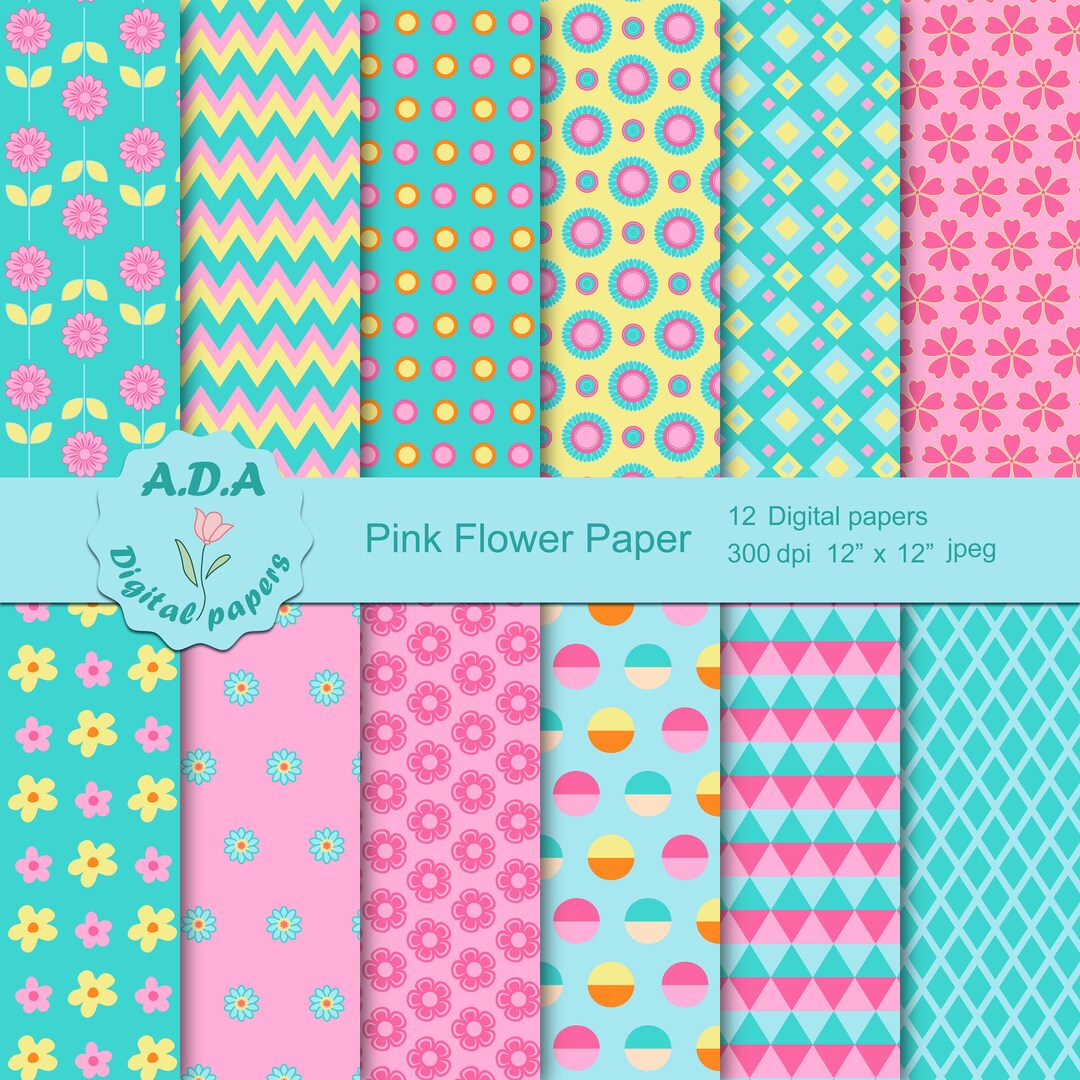 Pink and Light Blue Digital Paper Pack, Scrapbooking Paper, Pink and ...