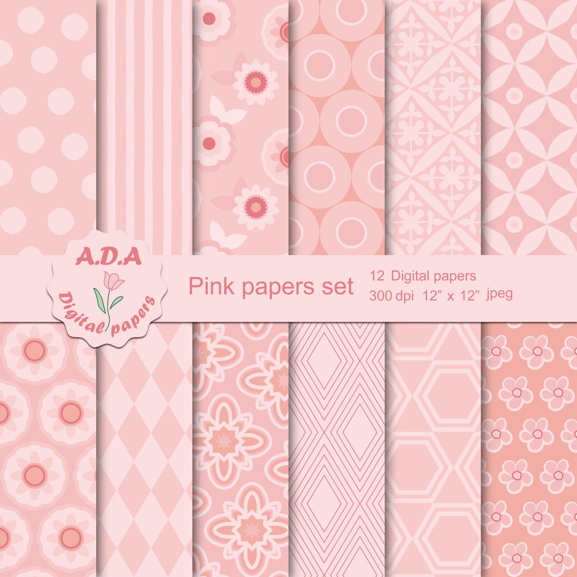 Pink Printable Digital Paper Pack, Pink Patterns, 12x12 Scrapbooking ...