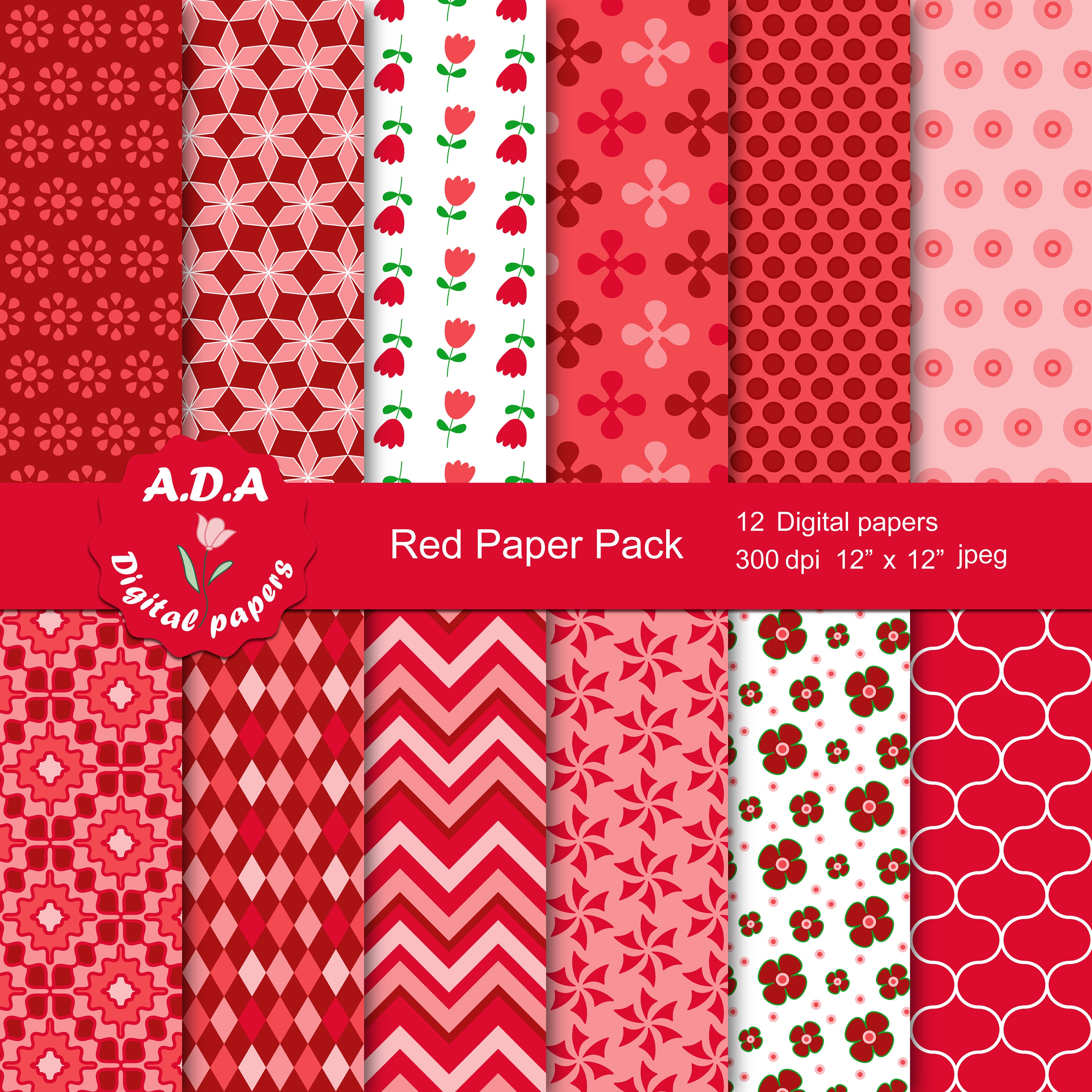 Red Digital Paper Pack, Red Background, Scrapbooking Papers, Craft ...