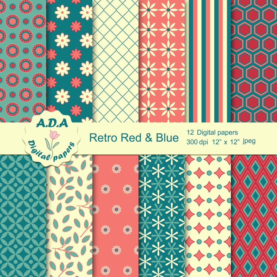 Retro Paper Pack, Red and Blue Background, Red and Blue Scrapbook Paper ...
