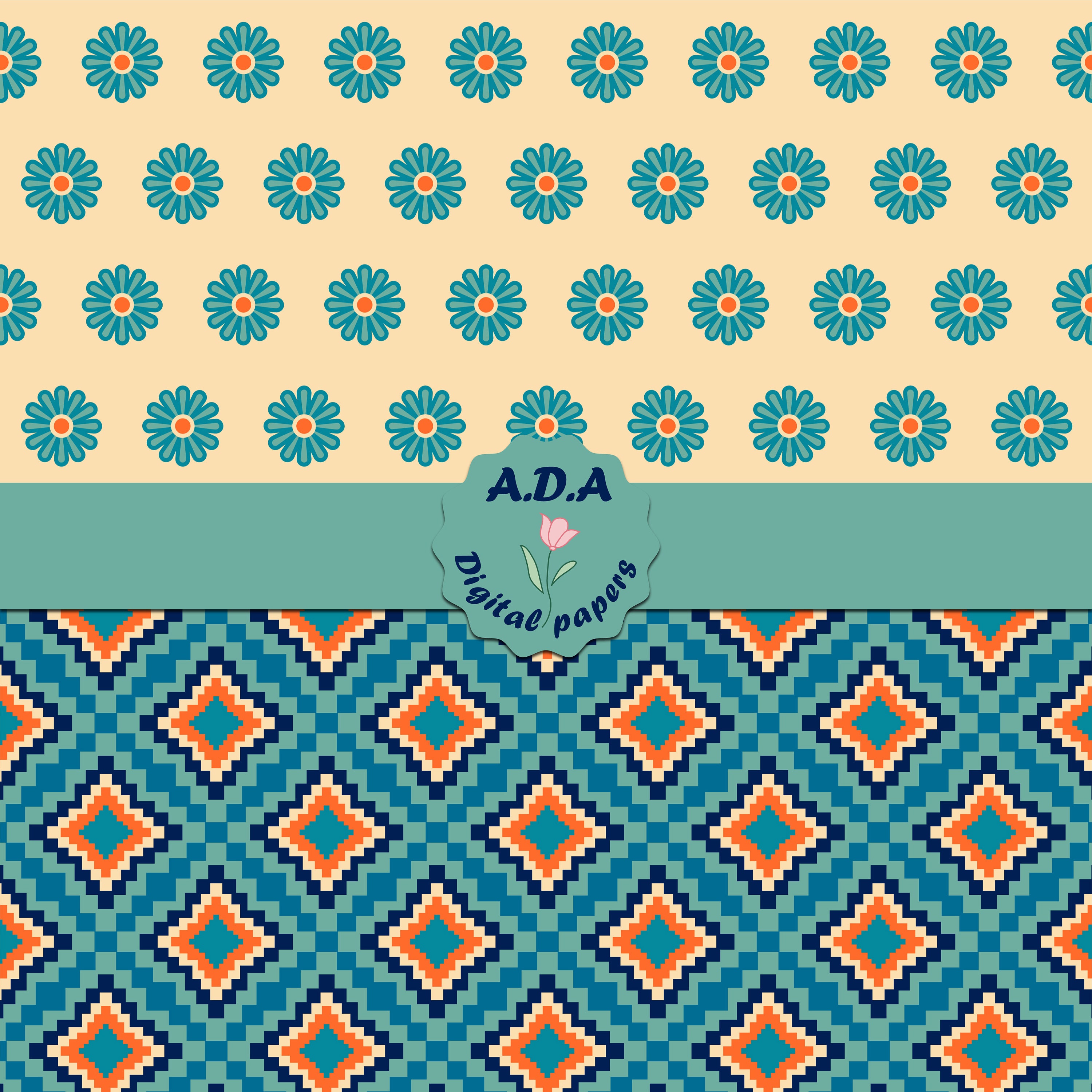 Orange and Blue Digital Paper Pack Orange and Blue Floral - Etsy