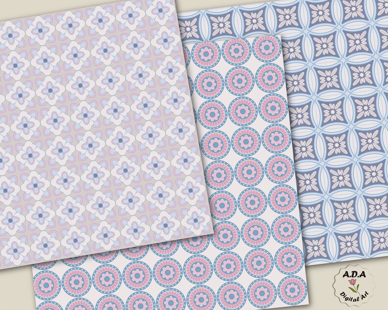 Retro Blue and Pink Digital Paper Pack, Floral Scrapbooking Paper, Blue ...