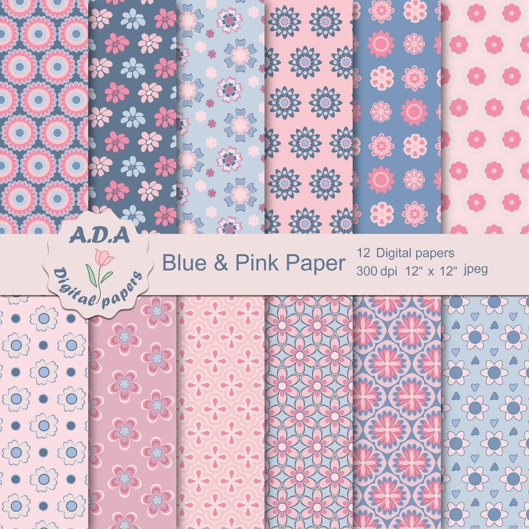 Blue and Pink Digital Paper Pack, Floral Scrapbooking Paper, Floral ...