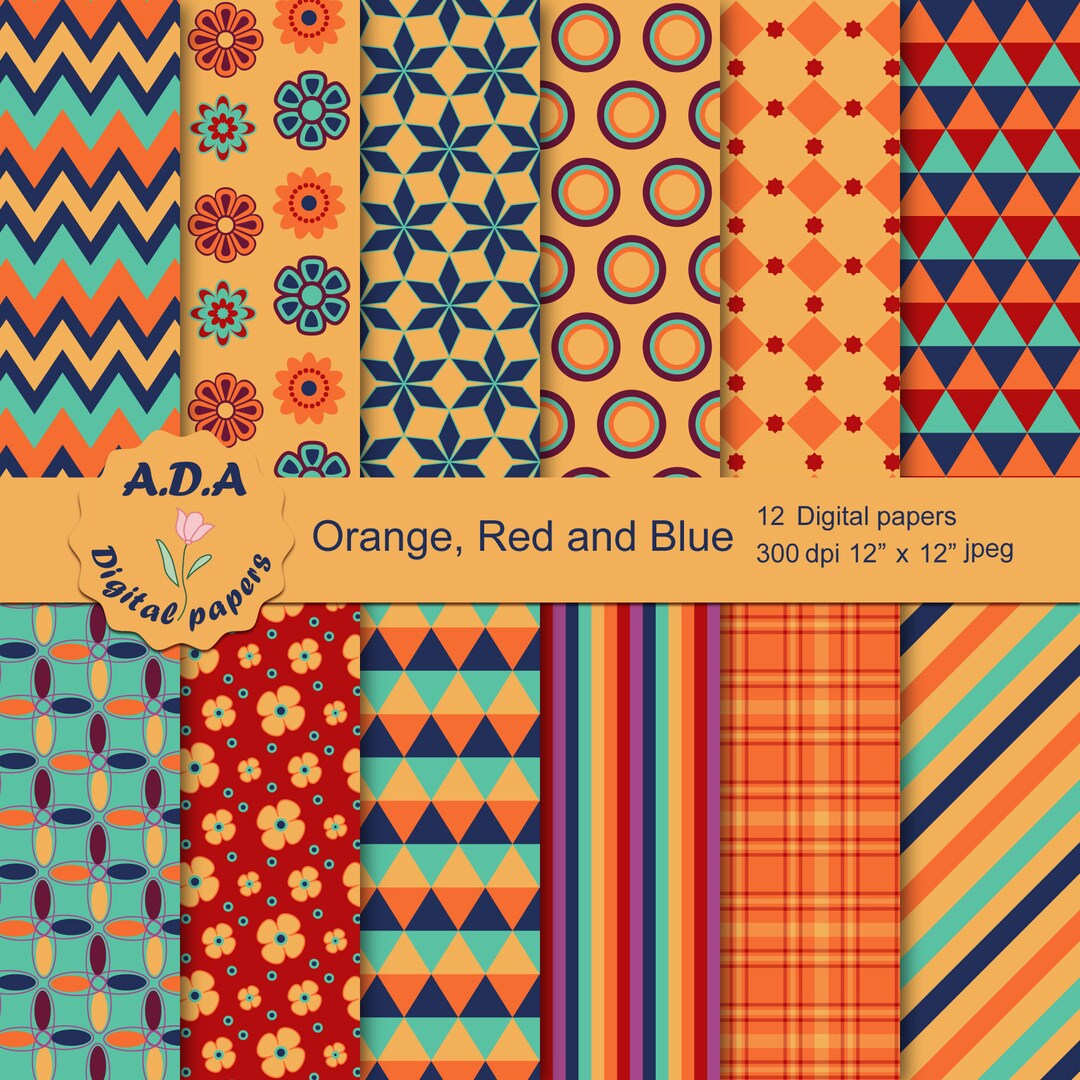 Orange Red and Blue Digital Paper Pack, Scrapbooking Papers, Craft ...